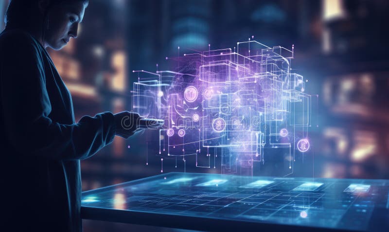 Close Up of Female Hands Using Tablet with Abstract Glowing Circuit ...