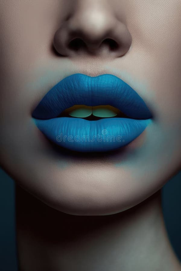 Close Up Of Female Lips With Satin Blue Lipstick Created Using Generative Ai Technology Stock