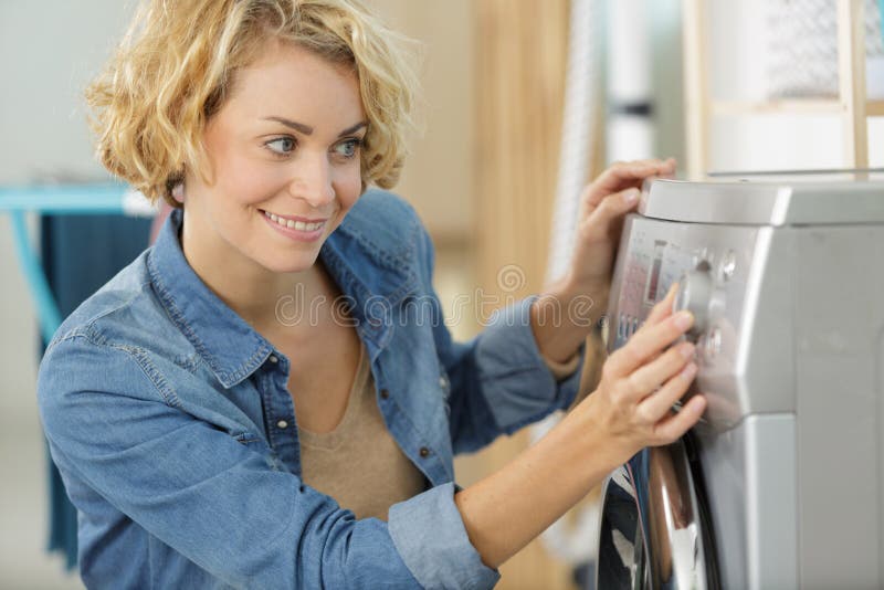 Close Up Female Operating Washing-machine Stock Photo - Image of health ...