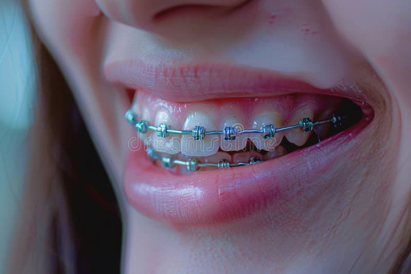 Close Up of Female Teeth with Braces Stock Illustration - Illustration ...