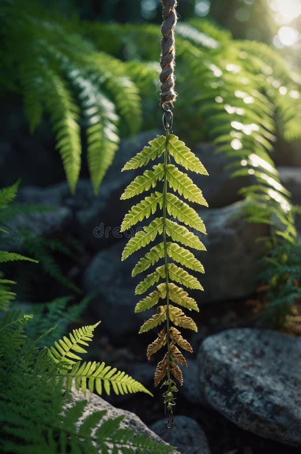 Serene Fern Hanging from Rope, Illuminated by Sunlight Stock ...