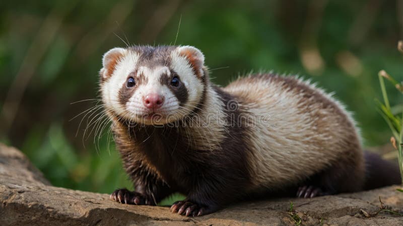 A Close-up of a Ferret with Distinctive Markings, Posing on a Log in a ...