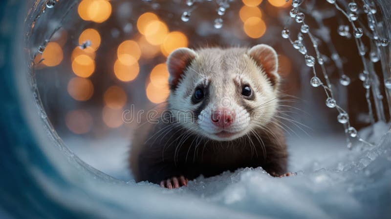 Adorable Ferret in Winter Wonderland with Bokeh Lights Stock ...