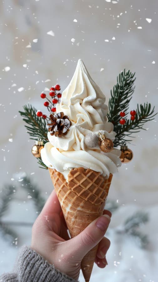 Close-up of Festive Ice Cream Cone with Winter-themed Decorations Stock ...