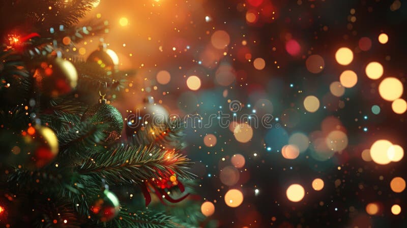 Close Up of a Festive Pine Tree with Glowing Lights in the Background ...
