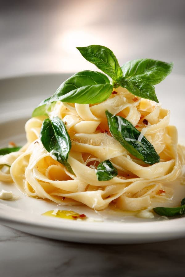 Close Up of Fettuccine Pasta with Fresh Basil and Cheese Stock ...