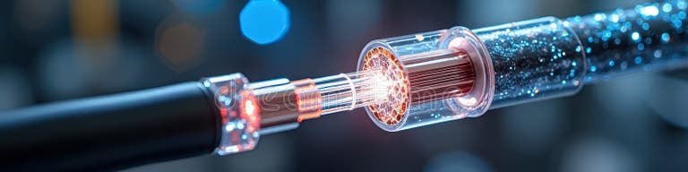 Close-up of Fiber Optic Cable Connection with Sparkling Light Elements ...