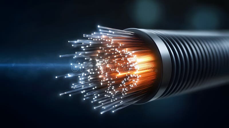 Close-Up Fiber Optic Cable Glowing Light Technology Connection Data ...