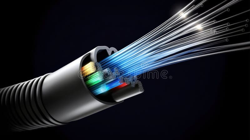 Close-up of a Fiber Optic Cable with Vibrant Light Beams Emerging Stock ...