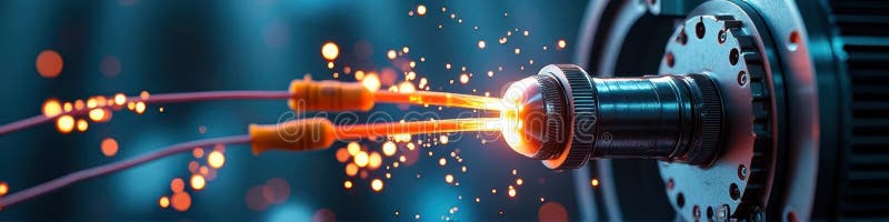 Close-up of Fiber Optic Cables and Industrial Machinery with Sparks and ...