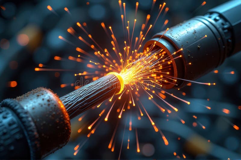 Close-up of Fiber Optic Cables Spark Connecting Network Technology ...