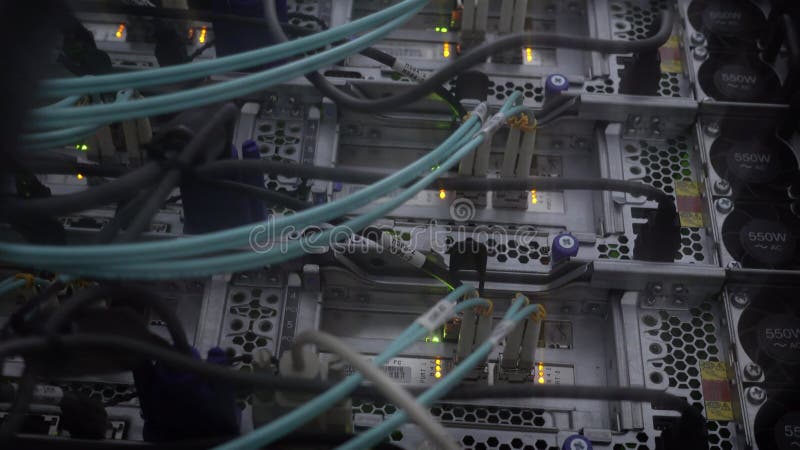 Close Up Fiber Optic in Server Room. Bottom View Network Cables ...