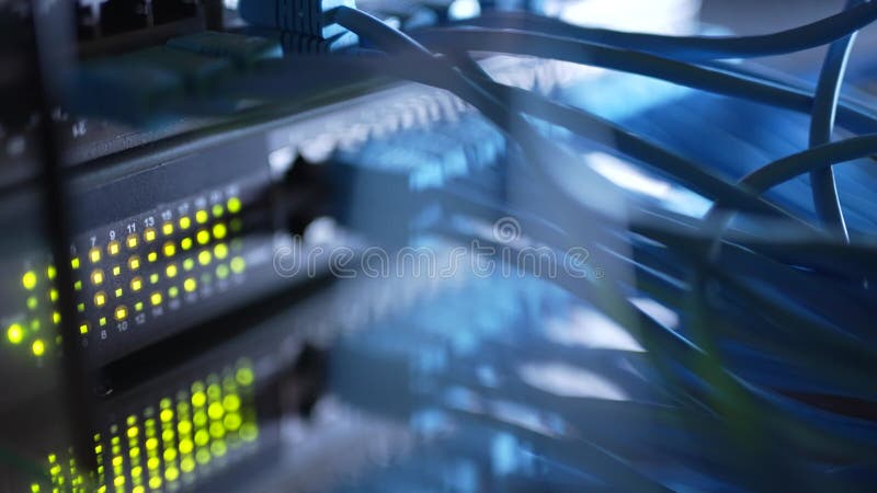 Close Up Fiber Optic in Server Room. Network Cables Installed in the ...