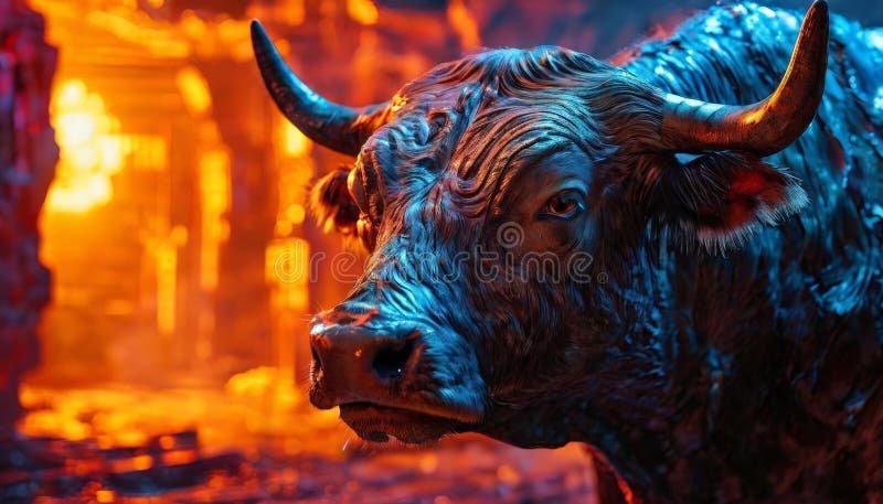 Close-up of a Fierce Bull in a Fiery Industrial Setting Stock Photo ...