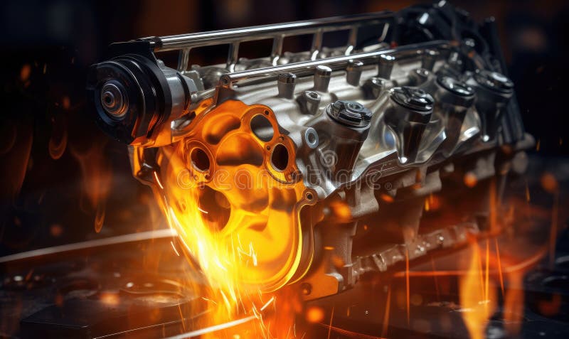 Close-Up of a Fiery Car Engine Revealing Flames and Damage Stock ...