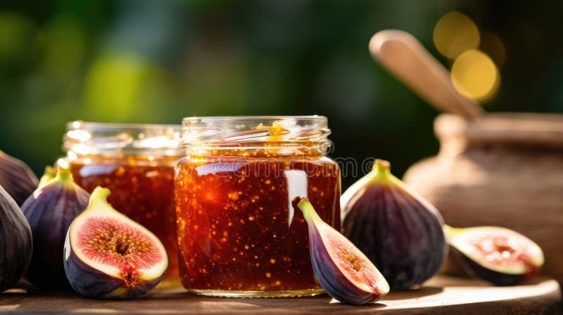 Close-up of Fig Jam in Jars and Fresh Figs on Table Stock Image - Image ...