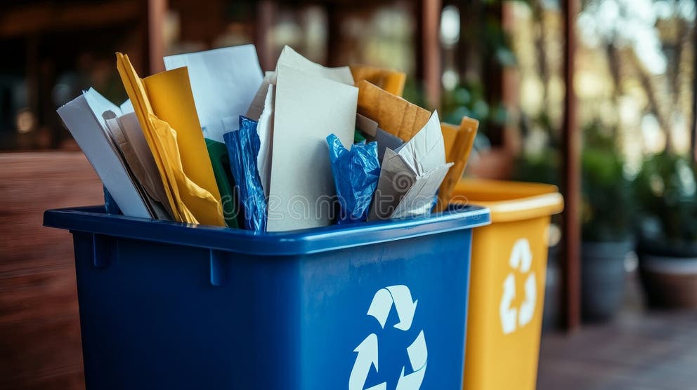 Close Up of Filled Recycling Bin with Sorted Paper Stock Illustration ...