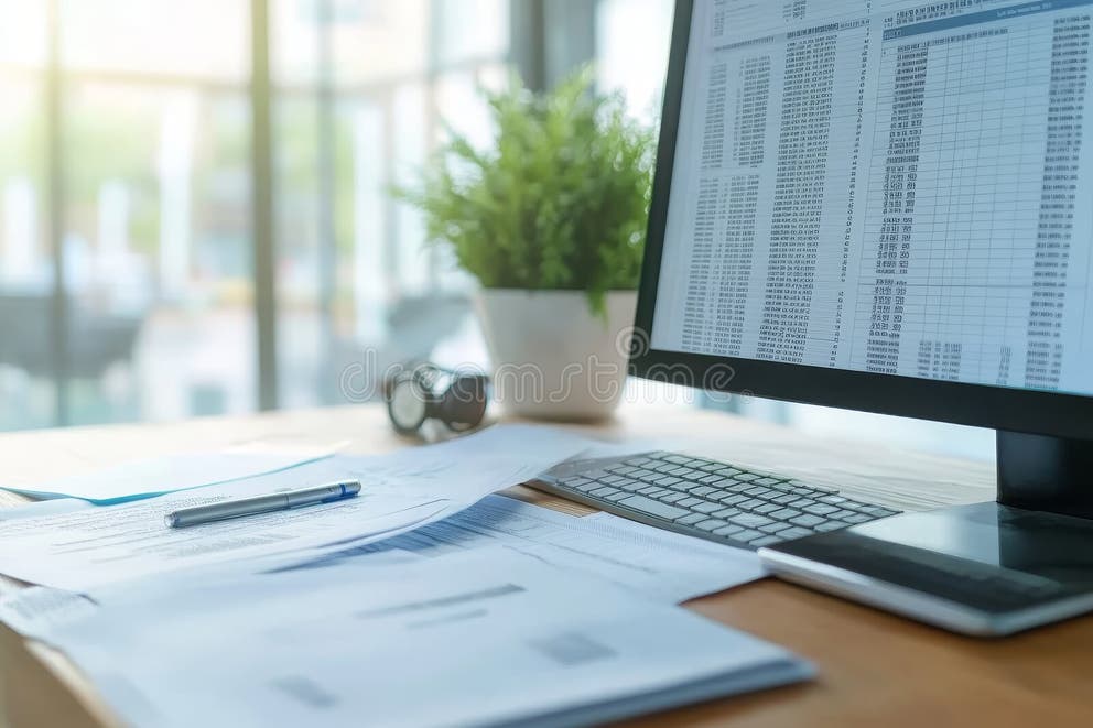 Close Up on Financial Codes Displayed on Computer Screen with Documents ...