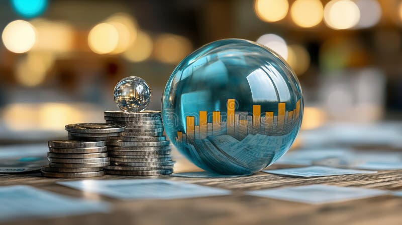 Close Up of Financial Data with Coins and Glass Sphere Showing Growth ...
