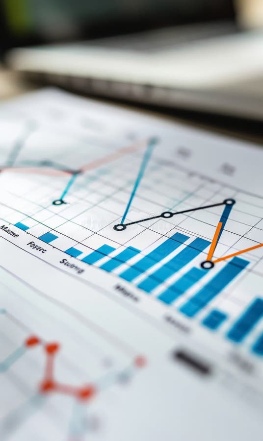 A Close-up of a Financial Graph with Blue Bar Charts and Line Graphs ...