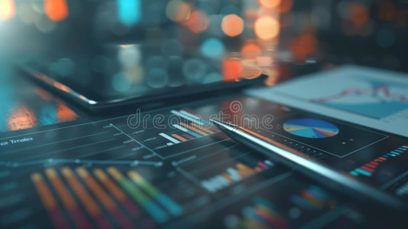Close-up of a Financial Report with Graphs and a Pie Chart, a Pen ...
