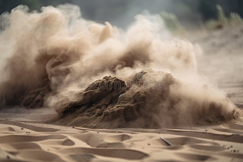 Close-up of Fine Sand, with Clouds of Dust and Smoke Billowing in the ...