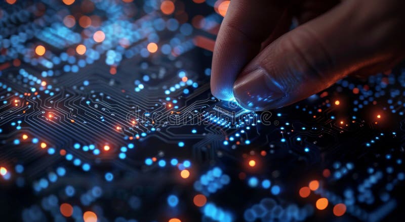 Close-up of Finger Touching Digital Screen with Glowing Circuits in ...