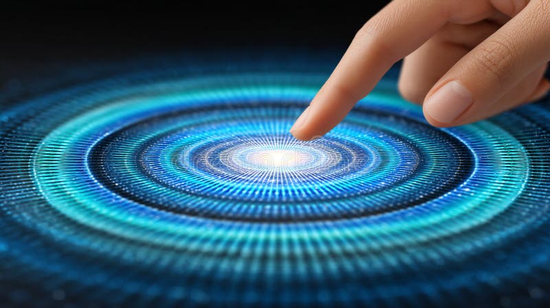 Human Finger Touching Glowing Blue Circular Digital Interface with ...