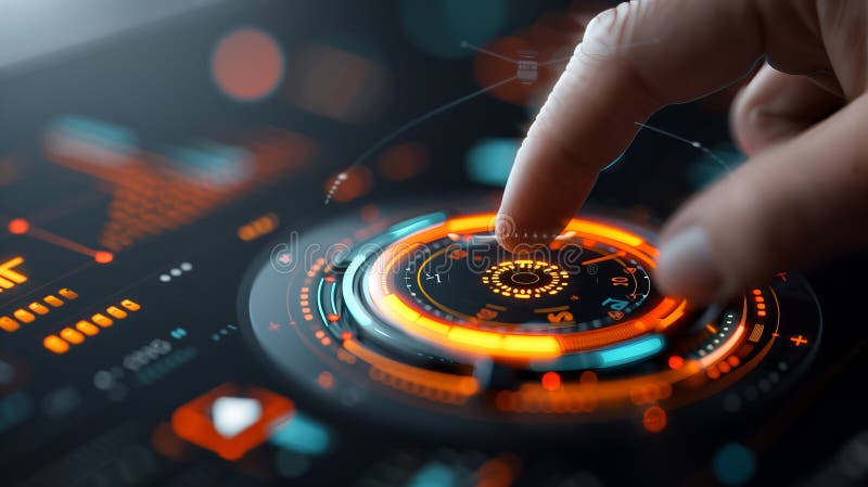 Close-up of Finger Interacting with Glowing Circular Interface on Touch ...