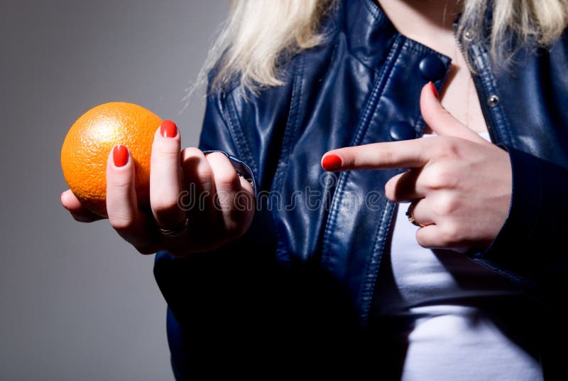 Close-up of a Finger Pointing To an Orange Stock Photo - Image of fruit ...