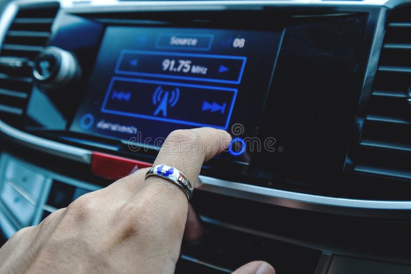 Close-up Finger Press Turn the Music, on Touch Screen Digital in Car ...