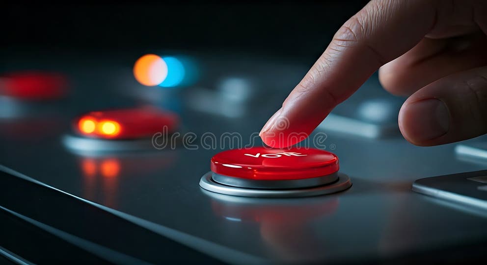 Finger Pressing a Red Vote Button on a Control Panel Apparatus Stock ...
