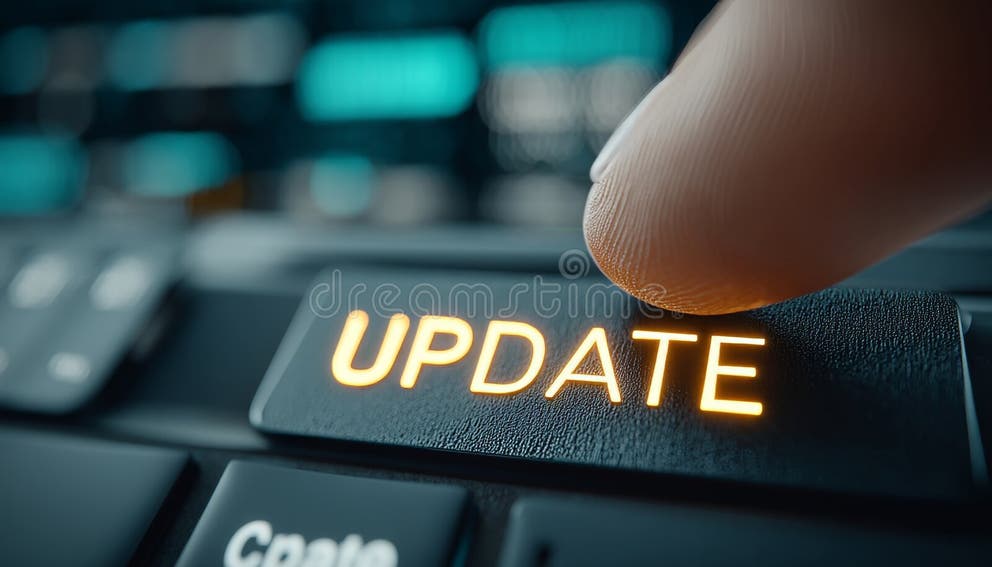 Close Up of Finger Pressing a Glowing Update Key. Cyber, Internet ...