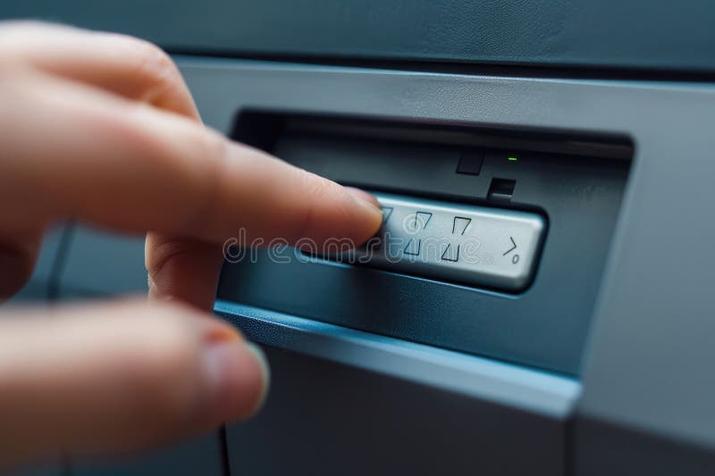 Close-up of Finger Pressing Power Button on Document Shredder for ...