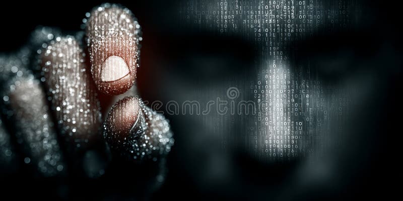 Close-up of a Finger Touching Digital Binary Code Interface with Abstract Glowing Particles and ...