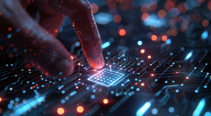 Close-up of Finger Touching Digital Screen with Glowing Circuits in ...