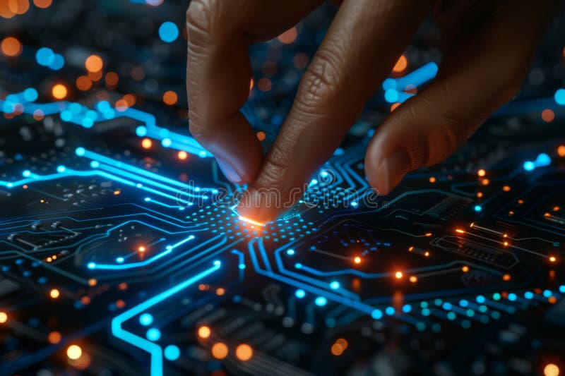 Close-up of Finger Touching Glowing Chip on a Circuit Board ...