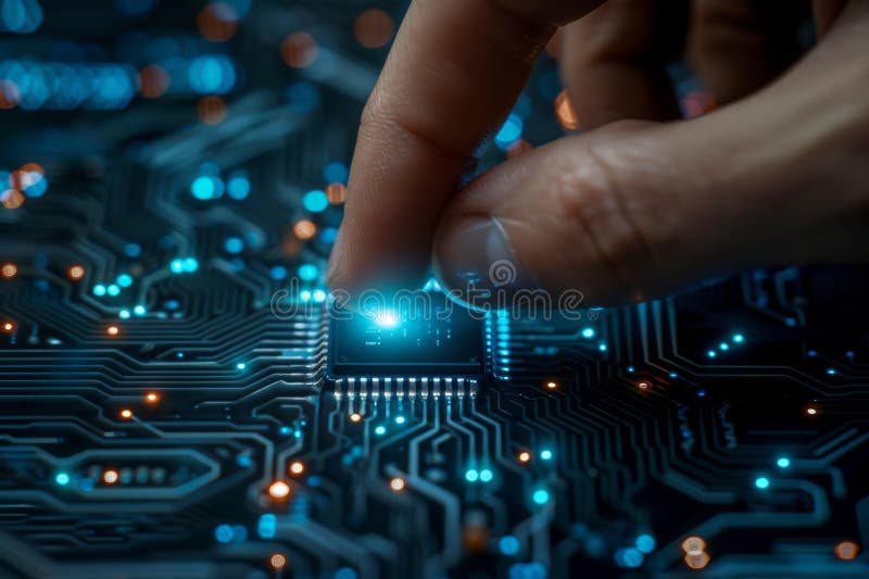 Close-up of Finger Touching Glowing Chip on a Circuit Board ...