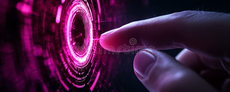 Close Up Finger Touching Vibrant Glowing Interface Intricate Patterns ...