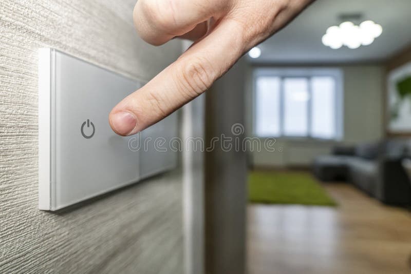 Close Up Finger Turns Light Touch Switch White Modern Wall Design Stock ...
