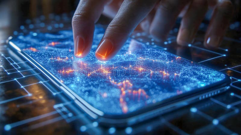Close-up of Fingers Interacting with a Futuristic Touchscreen, Glowing ...