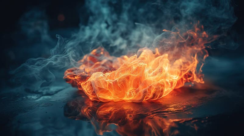 A Close Up of a Fire on a Black Surface with a Reflection of the Fire ...