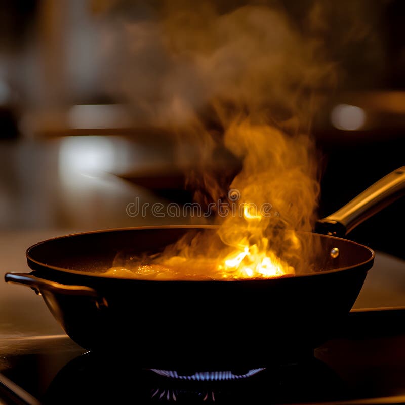 Close-up of a Fire in a Copper Pan. Frying Pan with Fire on the Stove ...