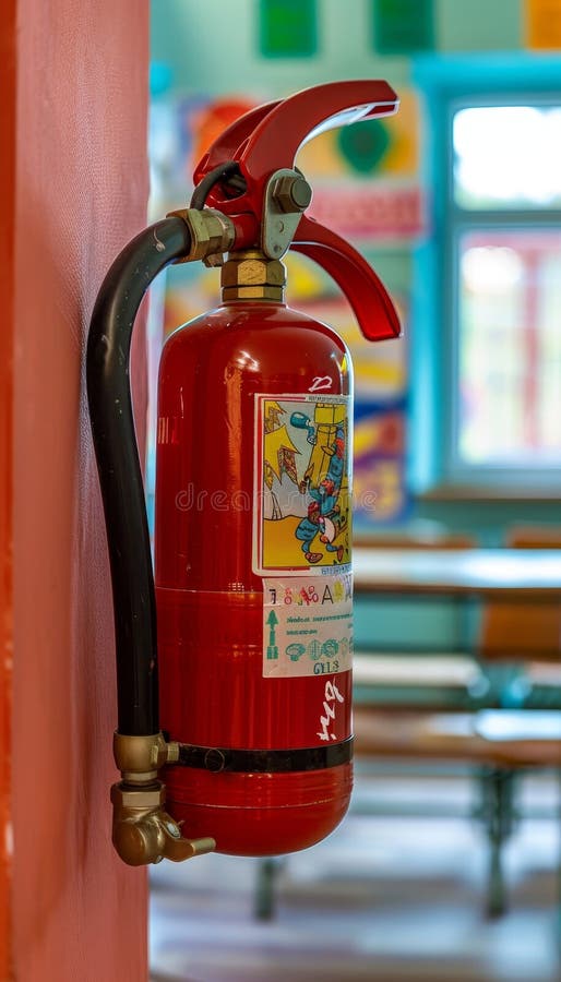 Close Up of a Fire Extinguisher in a Classroom Features and Safety ...