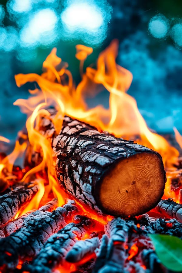 A Close Up of a Fire with a Log on Top of it Stock Image - Image of ...