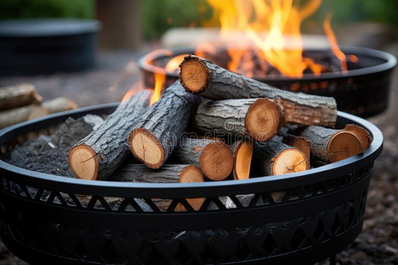 Close-up of a Fire Pits Metal Grate Filled with Burning Logs Stock ...
