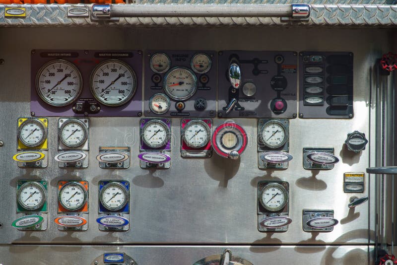 Close-up Fire Truck Equipment Detail. Fire Control Panel, Dials and ...