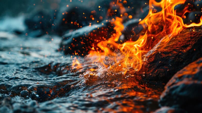 A Close Up of a Fire and Water on Rocks, AI Stock Illustration ...