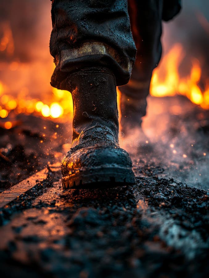 Close-up of Firefighter S Boots Walking through Fire. Stock Photo ...