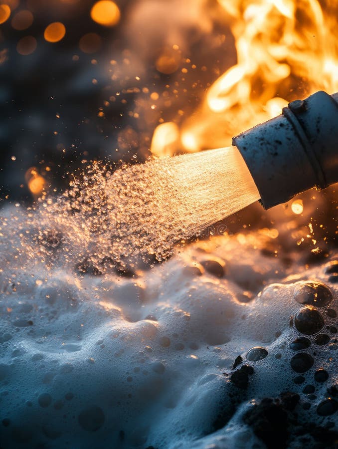 Close-up of a Firefighter S Hose Spraying Water on Fire. Stock Photo ...